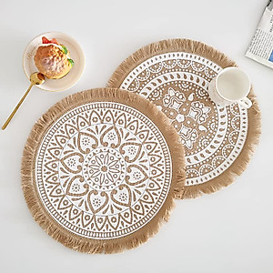 GorinsKani 2 Pieces of Cotton Thread Embroidery Table mat Jute Table mat Decoration mat Round Tassel Side Table mat Heat Insulation mat Anti-Slip Kitchen mat Home Decoration (Tassel Style E)