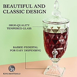 3.2 Quart Glass Iced Beverage Dispenser with Stainless Steel Spigot on Glass Pedestal, Decorative Mason Drink Dispenser For Parties, Sun Tea, Iced Tea, Water or Kombucha - 3 Liter