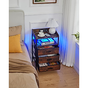 Hzuaneri Nightstands with LED Lights and Charging Station, End Table with 3 Fabric Storage Drawers and Shelves, Modern Side Table, Bedside Tables for Bedroom, Set of 2, Rustic Brown NS31101B