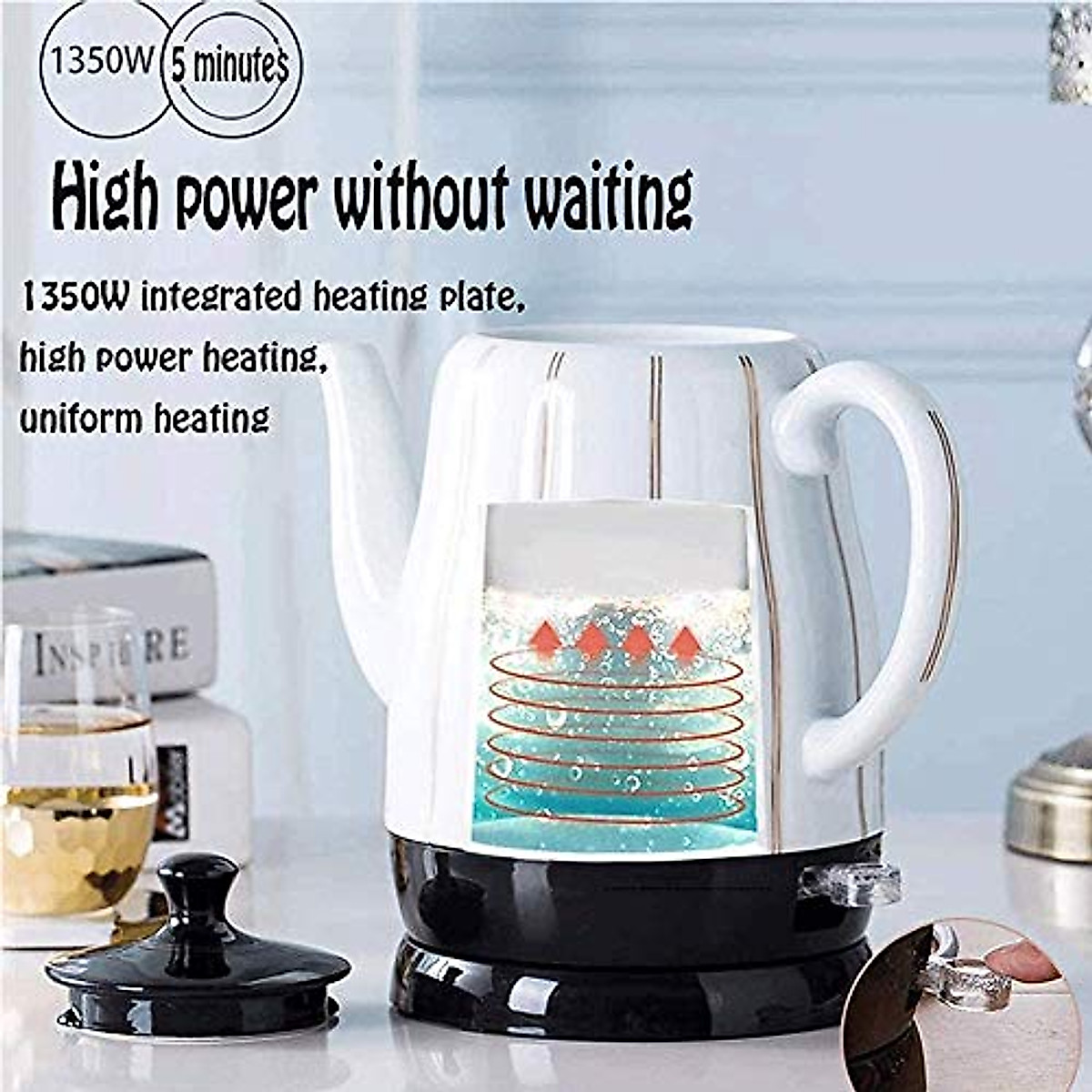 FairUo Kettles for Boiling Water 1.7L Retro Jug, Cooks Water Fast for Tea, Coffee, Soup, Removable Base, Ceramic Cordless Kettle Teapot