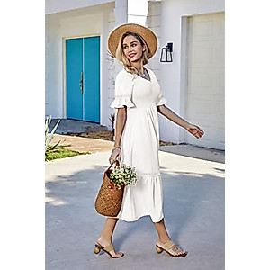 GRACE KARIN Women's V Neck Short Bell Sleeve Smocked Tiered Dress Elastic Waist Lace Patchwork Ruffle Dress White XL