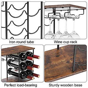 YBING Wine Rack Countertop Wine Holder Stand for 6 Wine Bottles and 4 Glasses Tabletop Small Wine Holder Wooden Wine Bottle Organizer for Kitchen, Bar, Wine Cellar, Cabinet (Brown)