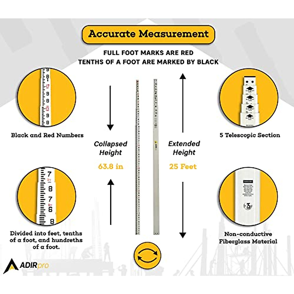 AdirPro 25-Foot Fiberglass Grade Rod – 10ths, 6-Section Telescoping Rectangular Leveling Rod – Non Glare and Corrosion Resistant – Heavy Duty Carrying Case Included