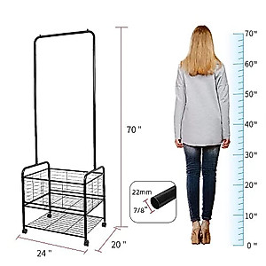 Fishat Simple Double Rod Garment Rack & Laundry Hamper Butler Cart Basket