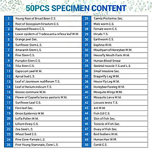 50 Prepared Microscope Slides with Specimens for Kids Students - Plants Insects Fish Animals Human Tissue Cells Samples, for Biological Science Lab, Children Education, Homeschool