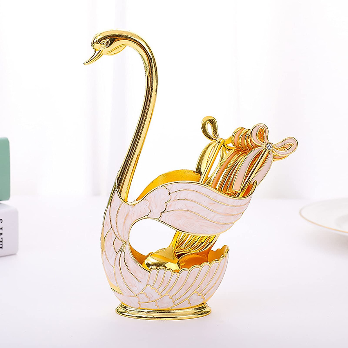 Metal Spoon Set Includes Swan Base Holder And 6 Spoons, Coffee Dessert Flatware Dinnerware Set With Organizer (Gold)