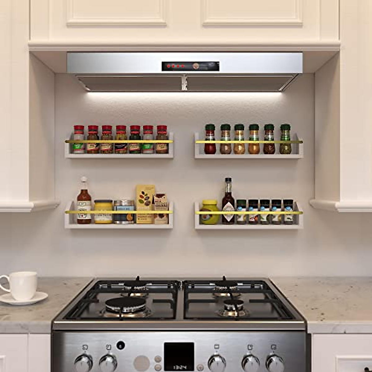 WOPITUES Floating Shelves with Protective Metal Rail, Small Bathroom Shelves Set of 4, Spice Rack Wall Mount, Wood Shelves for Kitchen, Living Room, Bedroom, Nursery Book- Modern White and Gold