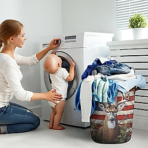 American Deer Flag Laundry Basket Hamper Bag Dirty Clothes Storage Bin Waterproof Foldable Toy Organizer for Bedroom Clothes Toys Basket