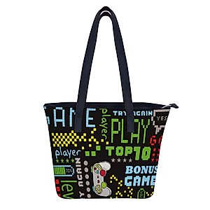 Pixel Words Game Style Women's Tote Bag PU Leather Shoulder Bag Handbags Purse For Work Shopping Travel