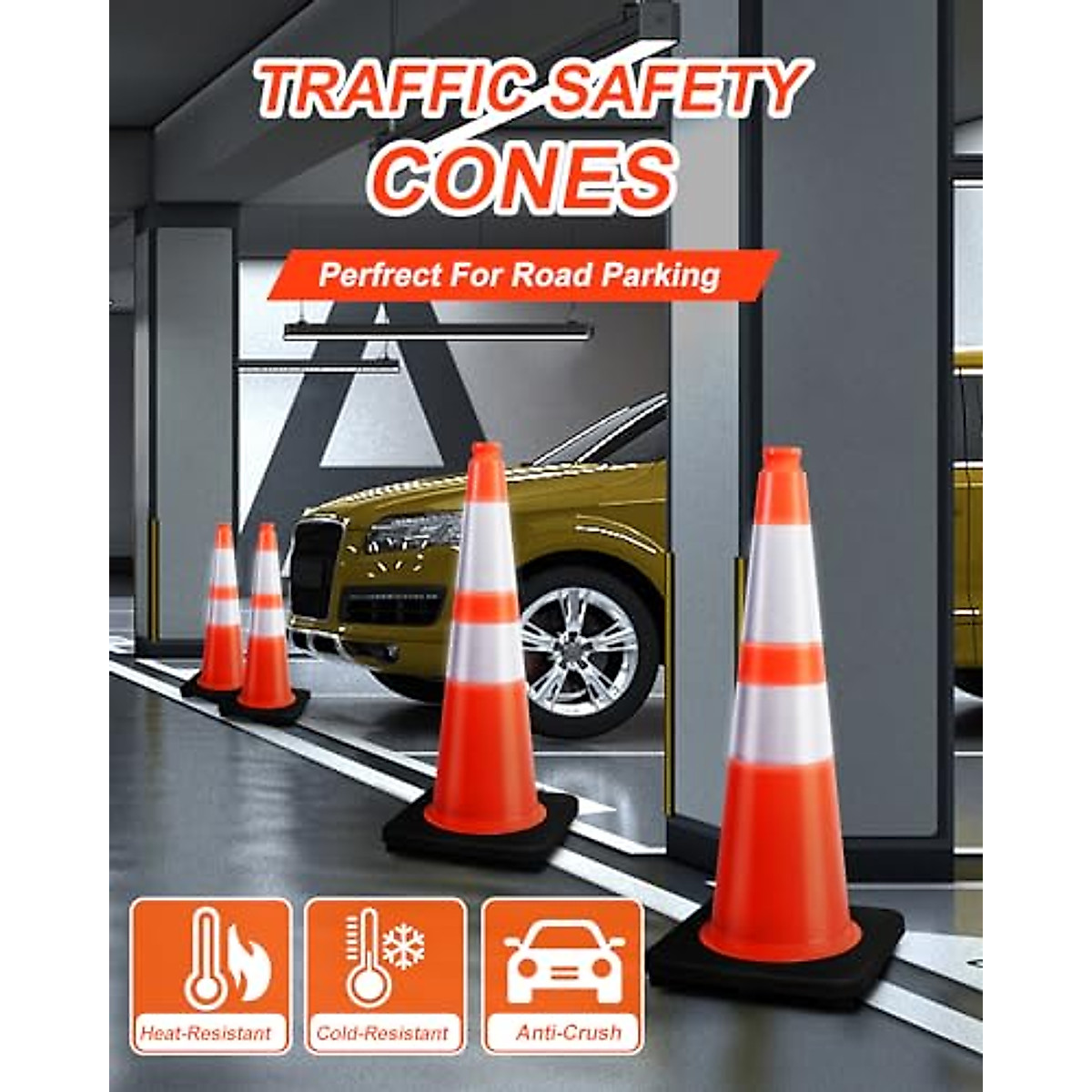 (8 Cones) BESEA 28” inch Orange PVC Traffic Cones, Black Base Construction Safety Cones Road Parking Cone Structurally Stable Wearproof (28" Height)