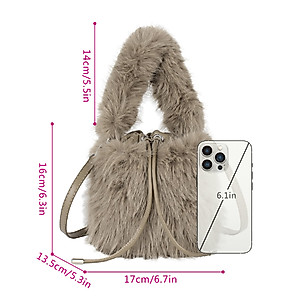 Hyuyikuwol Women Faux Fur Winter Fashion Shoulder Bag Barrel Shape Drawstring Satchel Purse, Khaki