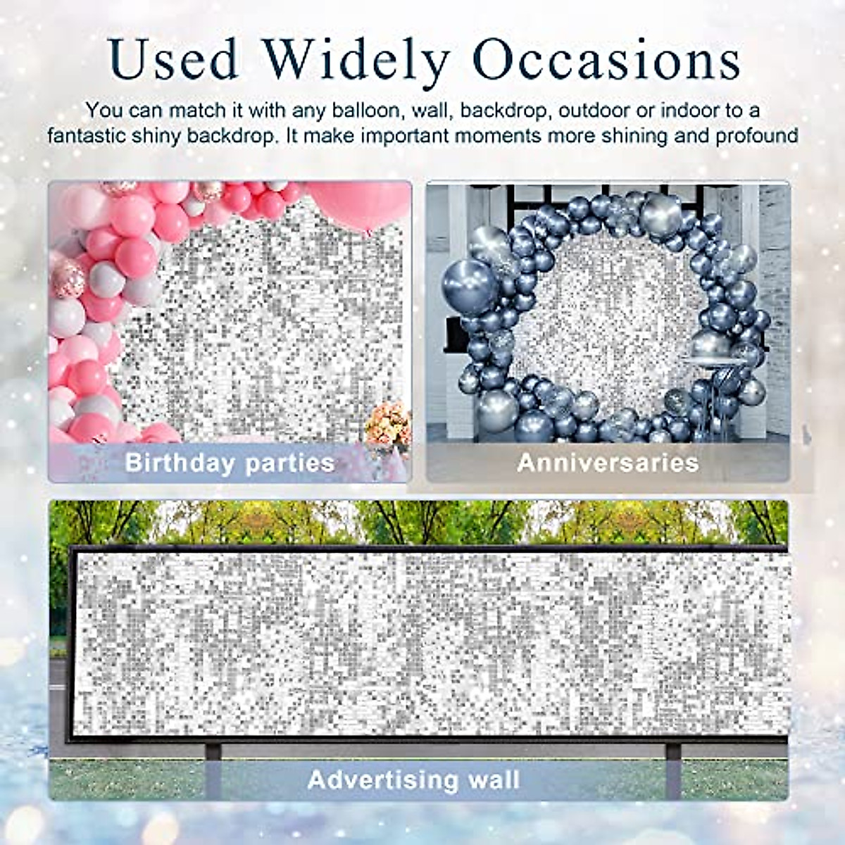 Ayfjovs 36 PCS Silver Shimmer Wall Backdrop Panels, Square Sequin Wall Backdrop Shimmer Photo Backdrops for Birthday Decoration, Graduation, Wedding, Anniversary Party Supplies