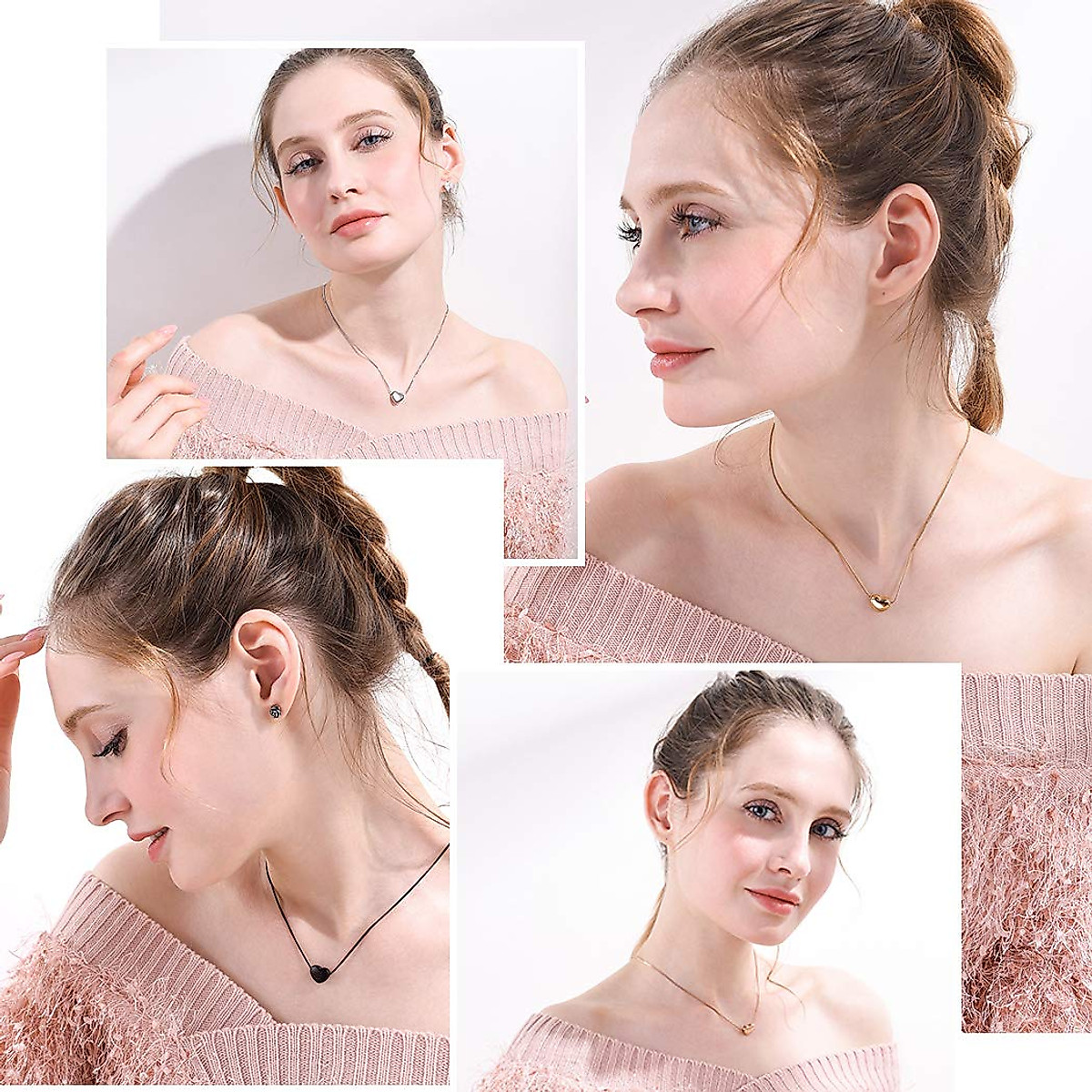 U7 Cute Heart Choker with Black Gun Plated Italian Box Chain Pendant Necklace, 17-19 Inch