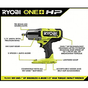RYOBI - ONE+ HP 18V Brushless Cordless 4-Mode 1/2 in. High Torque Impact Wrench (Tool Only) - PBLIW01B