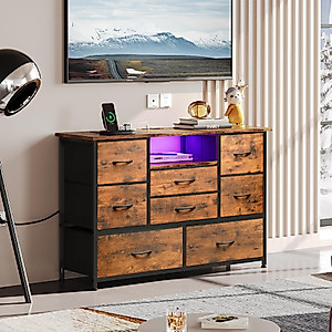 EKNKOZY Dresser TV Stand with 8 Drawers, Dresser TV Stand with LED Lights & Power Outlets, Bedroom Dresser, Chest of Drawers for 55'' Long TV, Wide Fabric Dresser (Rustic Brown)