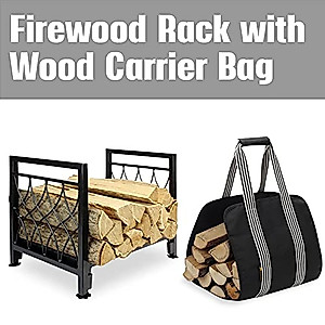 MYFIREPLACEDIRECT Firewood Rack with Log Bag Fireplace Log Holder Indoor Outdoor Wood Storage Log Rack Decorative Heavy Duty Steel Firewood Carrier Stove Bracket Stacking Rack