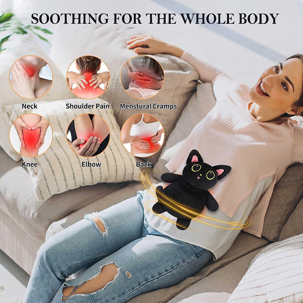 Yipem Microwave Heating Pad for Period Cramps Pain Relief - Microwavable Stuffed Animal for Cramps Neck Shoulder Muscles Knee Joints - Cute Cat Gifts for Women - Small Black Cat