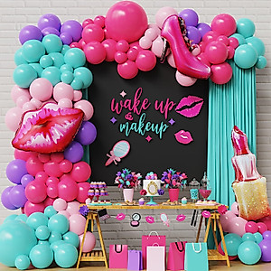 Makeup Balloon Garland Arch Kit for Girls Spa Party Decorations,147Pcs Hot Pink Purple Lipstick Lip Kiss High Heels Foil Balloons for Princess Women SPA Day Cosmetics Birthday Party Decor Supplies