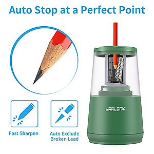 JARLINK Electric Pencil Sharpener, Heavy-Duty Helical Blade to Fast Sharpen, Auto Stop for No.2/Colored Pencils(6-8mm), USB/Battery Operated in School Classroom/Office/Home (Green)