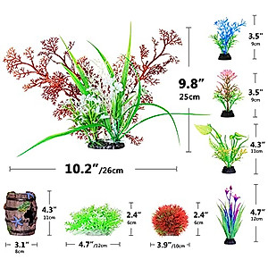 Fishdance Aquarium Plants, Artificial Fish Tank Plastic & Resin Plants and Broken Barrel Decorations Decor White Red Fake Coral Plants Set 8 Pcs