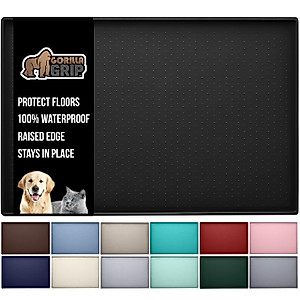 GORILLA GRIP 100% Waterproof Raised Edge BPA Free Silicone Pet Feeding Mat, Dog Cat Food Mats Contain Spills Protects Floors, Placemats for Cats and Dogs Water Bowl, Pets Accessories 18.5x11.5 Black