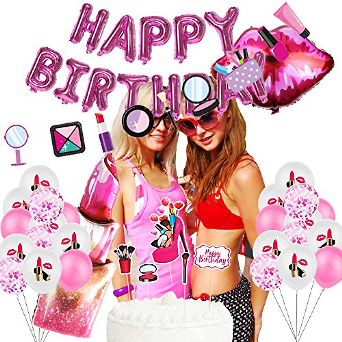 SPA Makeup Party Supplies with Spa Latex Balloon,Lipstick Foil Balloons,Happy Birthday Balloons Banner,Make Up Garland Banner Cake Toppers for Kids Nail Girl Theme,Salon,Spa Birthday Party Decorations