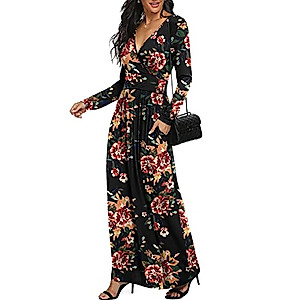 LILBETTER Womens Long Sleeve V-Neck Wrap Waist Maxi Dress(F Brown Floral Black X-Large)