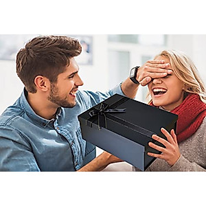 MYGOGOART Large Black Gift Box 11.2x8.2x4.2 Inches with Lid, Ribbon Bow, Shredded Raffia Paper Fill, Greeting Card and Envelope for Wedding Birthday Valentines Bridal Gifts (1 pack, Black)