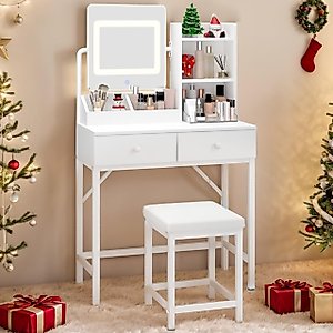 Gizoon Vanity Desk with Mirror and Lights Makeup Vanity Desk with Lights and Chair Small Vanity Table with Drawers for Girls Kids and Women in Bedroom Bathroom and Closet Room, White