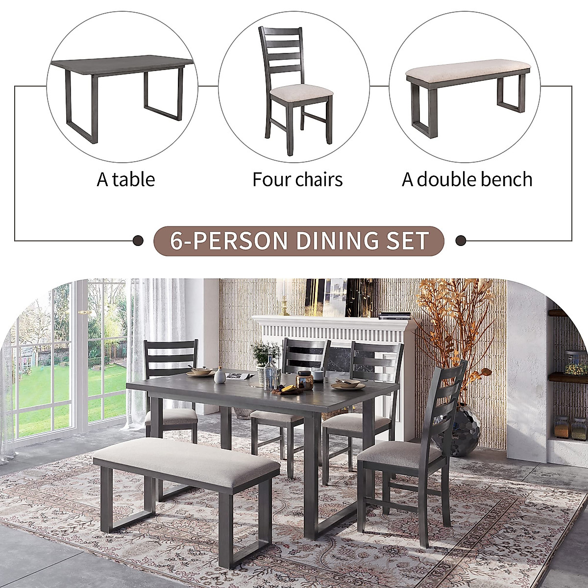 Rhomtree 6 Piece Dining Table Set with Bench, Wood Kitchen Table Set with Table and 4 Chairs, Family Furniture Set of 6 (Gray)