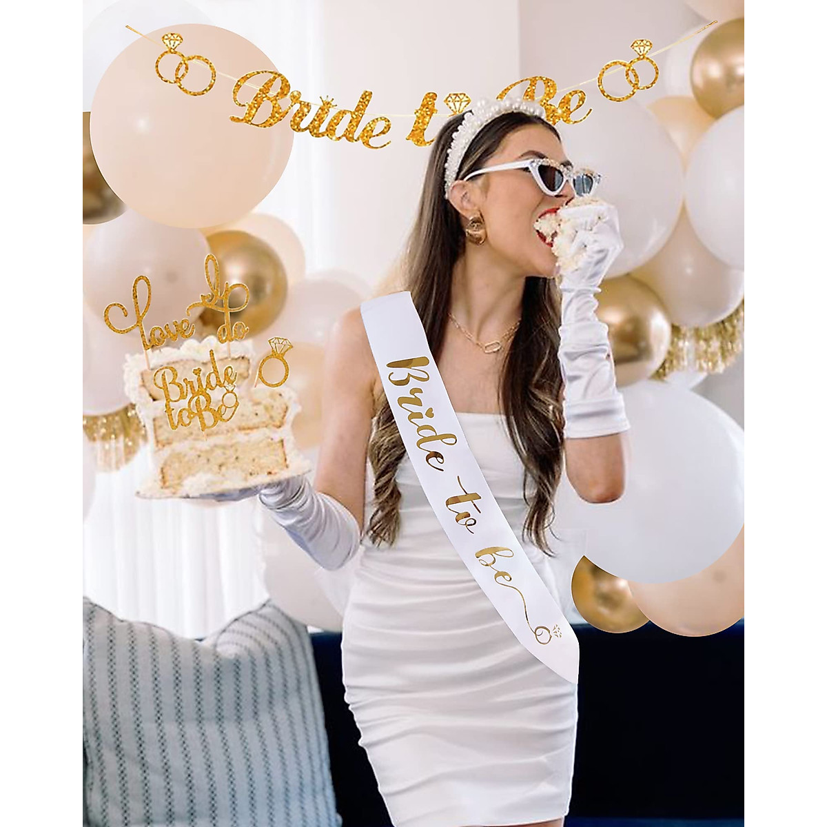 Bachelorette Party Decorations, Bridal Shower Decorations for Engagement Wedding Parties, 52pcs Bride To Be Party Supplies Kit with Sash, Veils, Banner, Cake Toppers, Temporary Tattoos & Gold Balloons