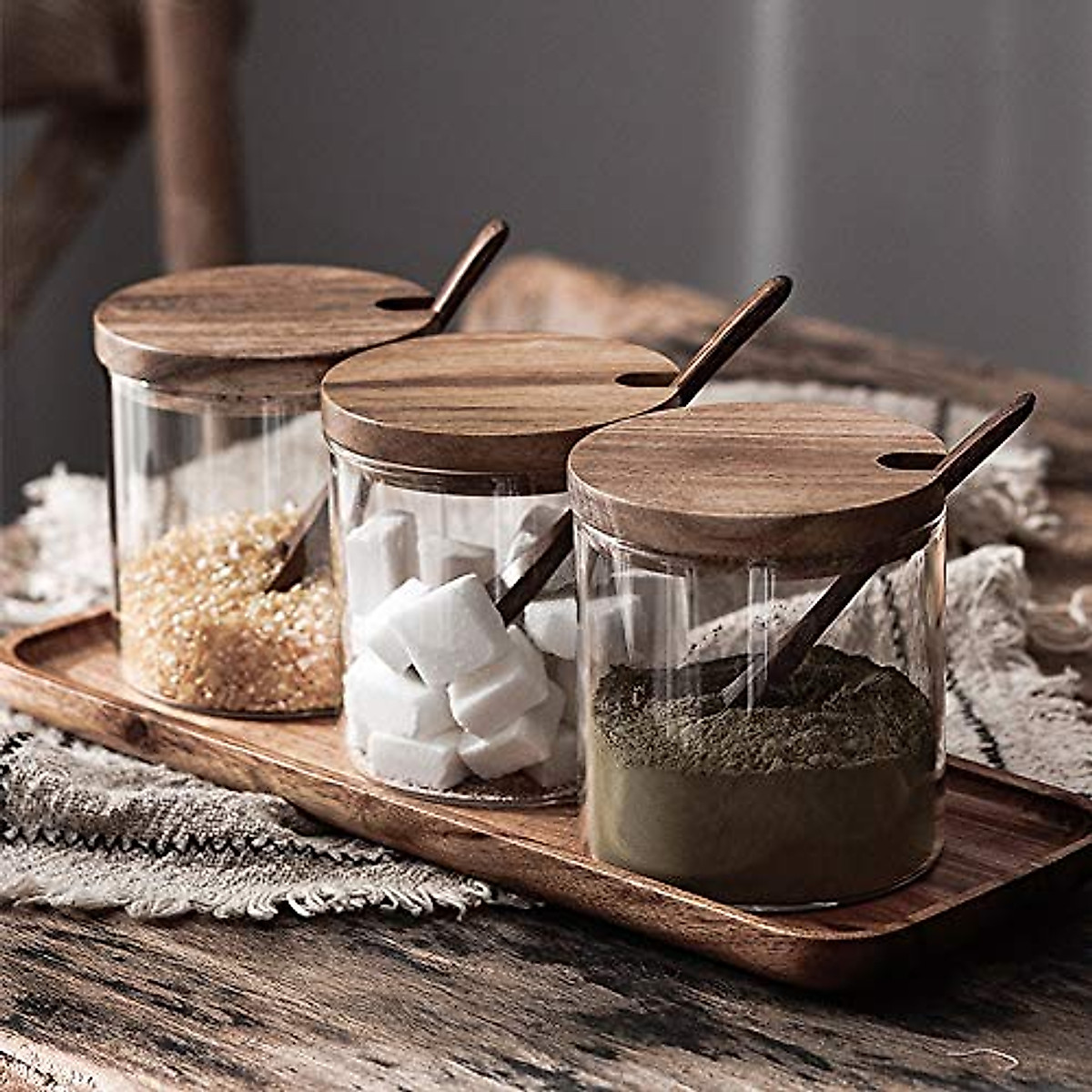 Freehawk Condiment Container Seasoning Box Set Salt Sugar Spice Pepper Condiment Container Kitchen Cruet Seasoning Pots with Bamboo Wooden Spoon Lid and Base,Set of 3(250ml Round Shape)