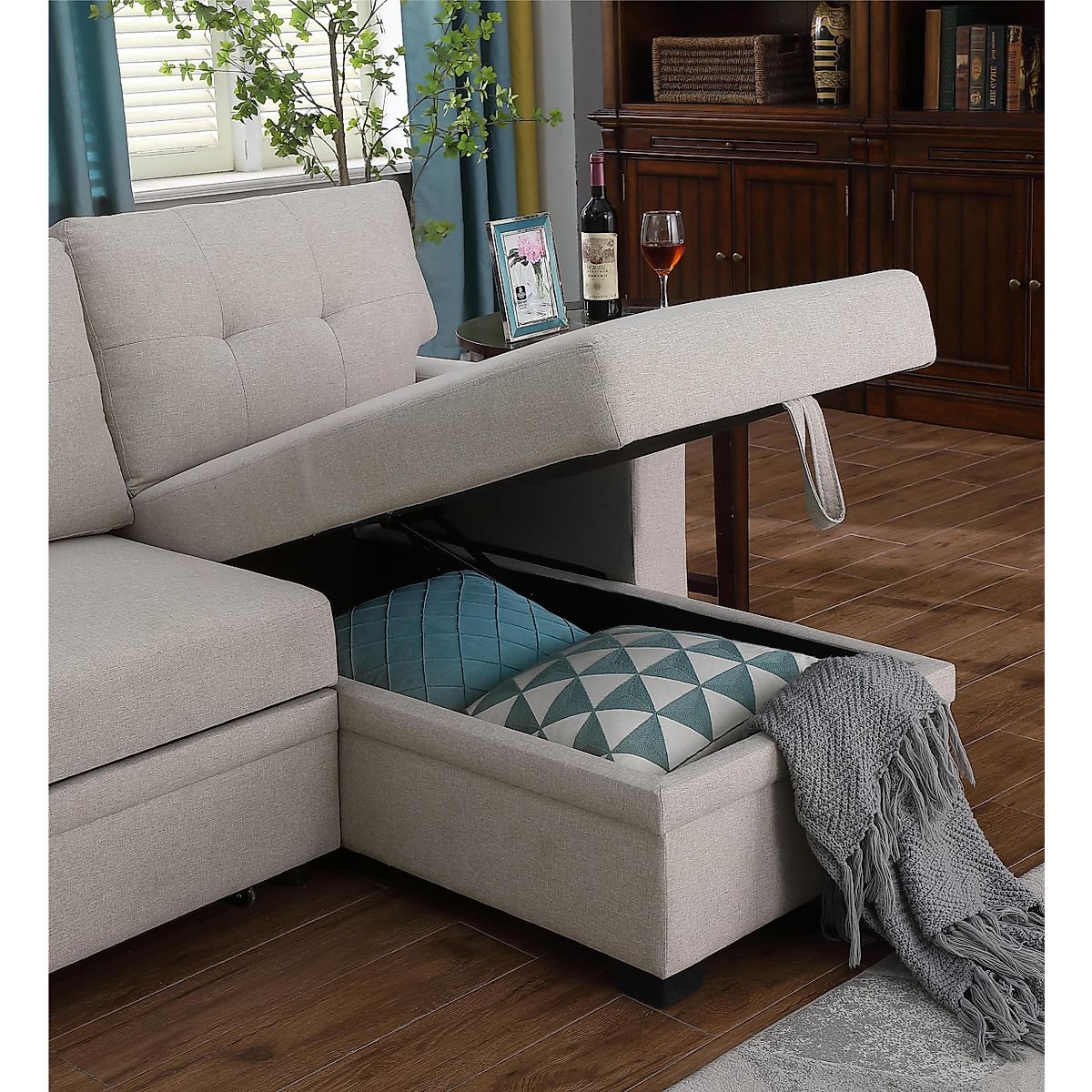 Wakefit Sectional Sofa Couch, 4-in-1 Sleeper Sofa Bed with Reversible Storage Chaise Pull Out Couch for Living Room | Hidden Stroge | Pull Out Bed | Removable Backrest | Linen Fabric, Beige