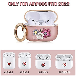 V-MORO for Airpods Pro 2nd Generation Case, Flower AirPod Pro 2 Leather Case Protective Floral Hard iPod Pro 2 Case for Women Men with Keychain for Airpods Pro 2(2022), Rose Gold