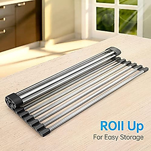 AOUAO Roll Up Dish Drying Rack,Multipurpose Stainless Steel Over The Sink Drainer Rack,Kitchen Portable Dish Rack (Square)