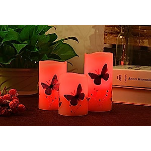UNIVELA Candles Set of 3 Flameless 4" 5" 6" Unscented Tealight Butterfly Flower Plants Decor Real Wax Pillar Candle LED Lights 12 Color Changing 4H 8H Timer Remote Control AAA Batteries Operated