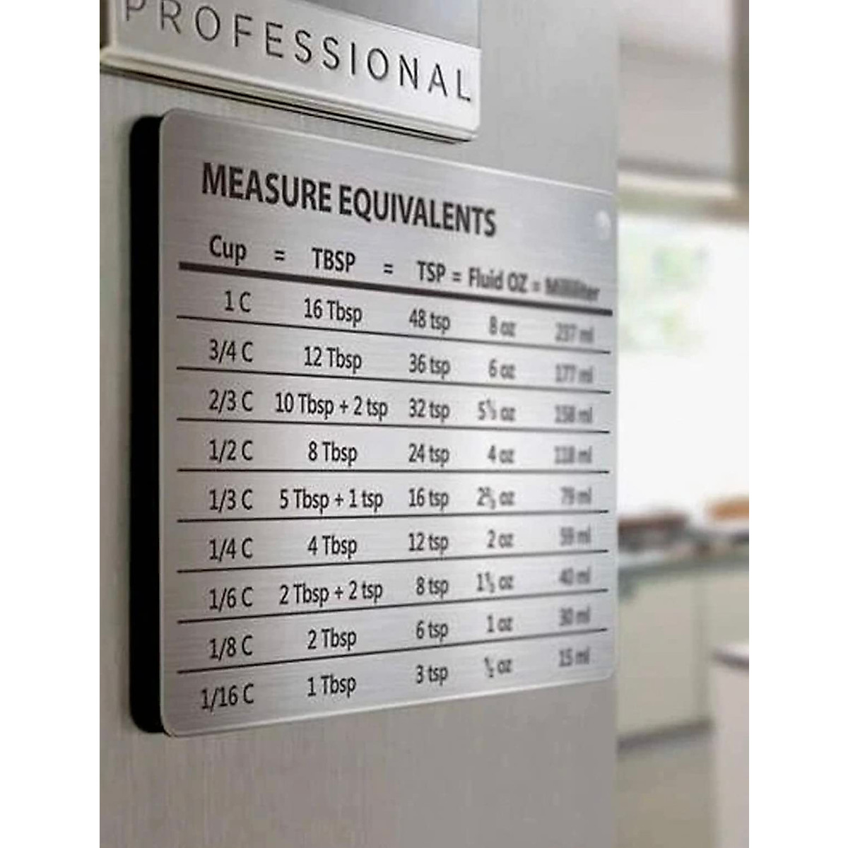 Magnetic Kitchen Conversion Chart - Professional Measurement Refrigerator Magnet, Stainless Steel, Conversions for Cups, Tablespoons, Teaspoons, Fluid Oz and Milliliters. (1 Pack)
