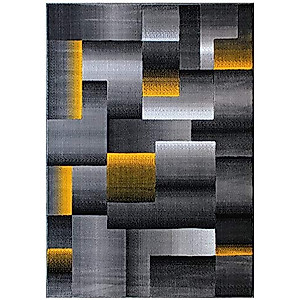 Champion Rugs Modern Contemporary Geometric Cube and Square Yellow Grey Black Design Area Rug (8 Feet X 10 Feet)
