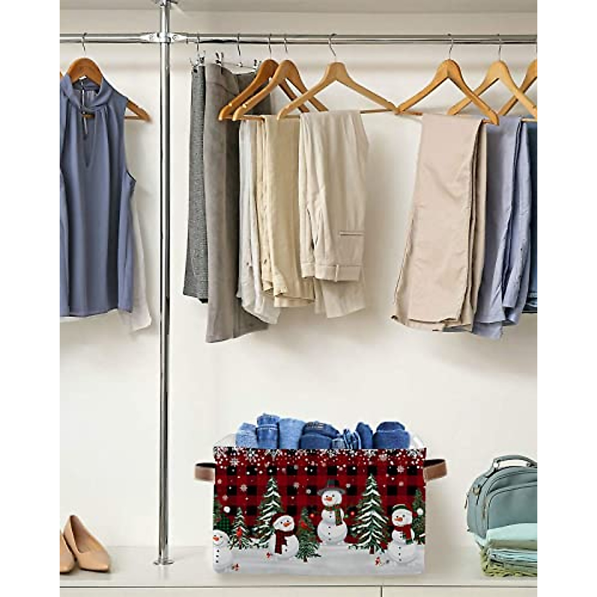 Storage Bins Large Storage Basket,Christmas Snowman and Tree in Snow Collapsible Storage Bins with Handle,Red and Black Buffalo Plaid Storage Baskets Cube Organizer for Shelves Closet Nursery 1PCS