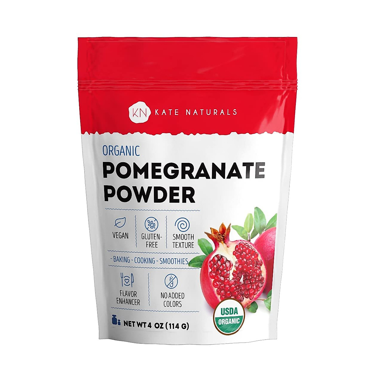 Kate Naturals Organic Pomegranate Juice Powder 4oz Natural Sweetener for Beverages and Meals. Contains Antioxidants. Resealable Bag.