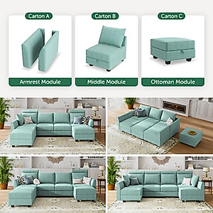 HONBAY Oversized Modular Sectional Sofa with Storage Reversible Sectional Couch Modular Sofa with Chaise U Shaped Sectional Set with Ottoman for Living Room, Aqua Blue
