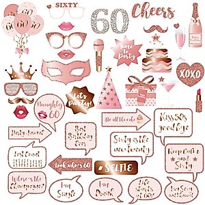60th Birthday Party Photo Booth Props and Signs, Rose Gold 60 Birthday Party Selfie Props Kit with Sticks for Girls Women, Sixty 60th Happy Birthday Party Decorations Supplies Favors