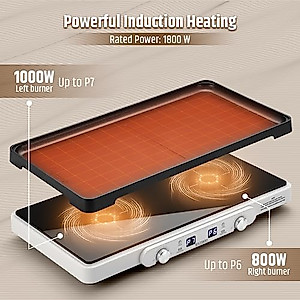 Razorri Electric Induction Cooktop, 2 Burners and Removable Cast Iron Griddle Pan Non-Stick, 1800W Double Burner with Dual Independent Temperature Control, Child Safety Lock & Timer - Ivory White