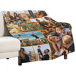 Custom Blanket with Photo Text Personalized Gift, 1-10 Pictures Customized Blanket for Mother Father Family, Christmas Halloween Thanksgiving Birthday Wedding Valentine's Day Customized Gift