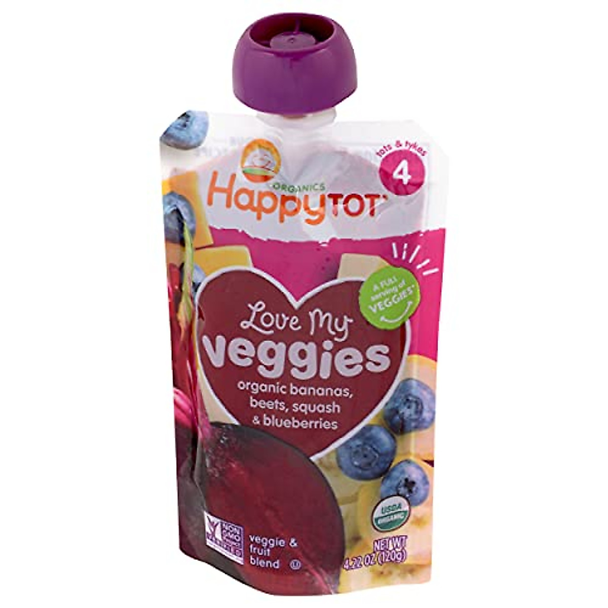 Happy Tot Love My Veggies Stage 4 Organic Toddler Food Banana Beet Squash & Blueberry, 4.22 Ounce Pouch Organic Baby Food/Toddler Food Pouches, Fruit and Veggie Blend, Full Serving of Vegetables