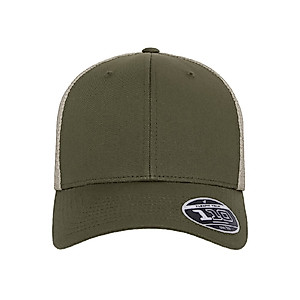 Flexfit 110M Men's Mesh Trucker Adjustable Flexfit Tech Cap Bundle with THP Hat & Clothing Brush (Olive/Khaki)