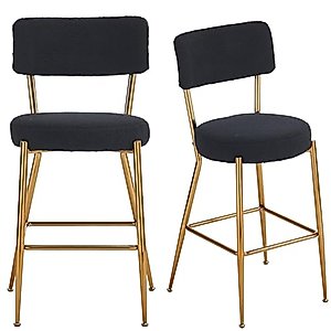RIGHTPARTS Boucle Bar Stools Set of 2, 24 inch Modern Counter Height Bar Stools, Kitchen Island Stool Dining Chairs Tall Barstools with Backrest Fabric Upholstered Padded Metal Legs (2, Black 01)