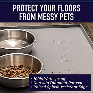 Leash Boss Dog Food Mat for Food and Water Bowls, Waterproof Silicone Pet Feeding Tray with Tall Raised Edges, Cat & Dog Placemat, Grey, 30 x 22 XXL