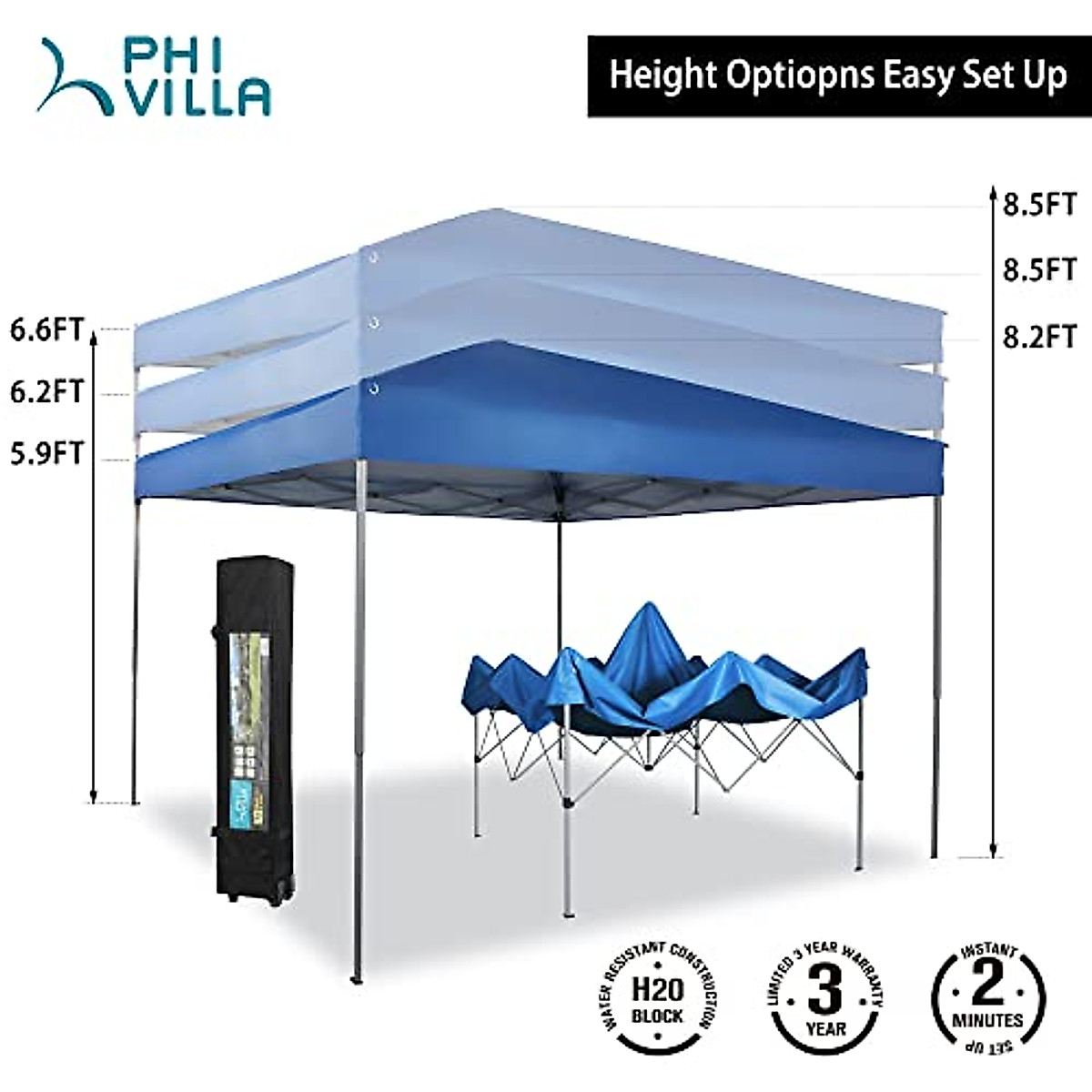 PHI VILLA Outdoor Pop up Canopy 10'x10' Tent Camping Sun Shelter-Series Party Tent, 100 Sq. Ft of Shade (Blue)