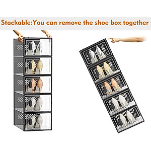 SIMPDIY Shoe Storage, 12 Pack Shoe Organizer for Closet, Shoe Boxes Clear Plastic Stackable Shoe Containers with Lids for Size 10, Black